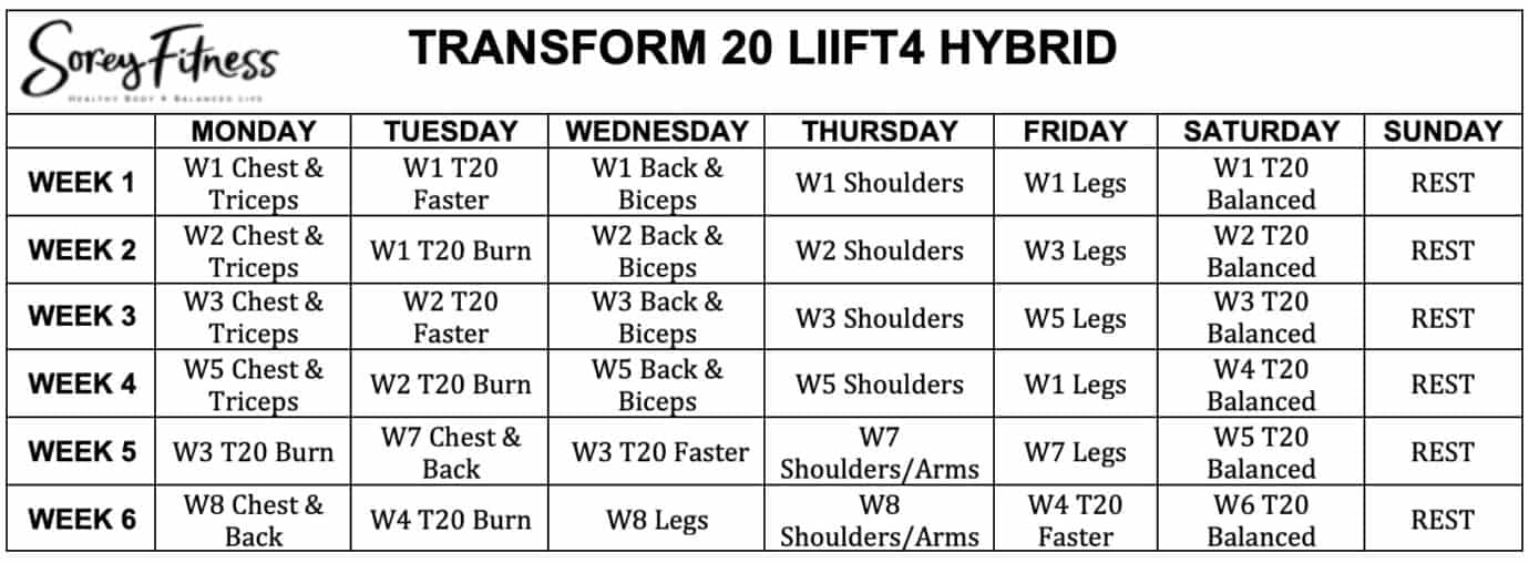Transform 20 LIIFT4 Hybrid Calendar | 6 Week Schedule